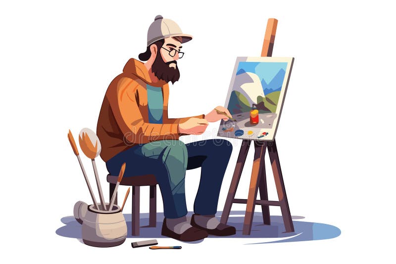 Young Man Artist Siting and Making Drawing on Canvas Feeling Creative ...