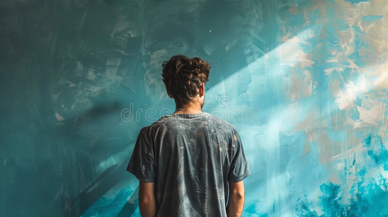 Young Man with Back Turned, Facing a Textured Blue Wall, Creating Art ...