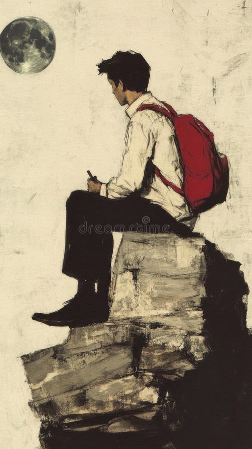 Young Man with a Backpack on His Back Sitting on a Rock. Illustration ...