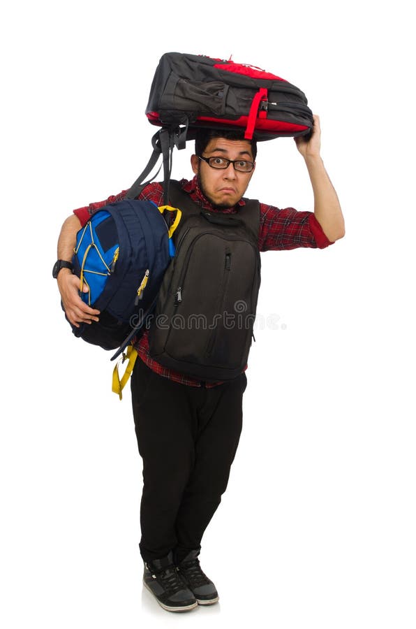 Young Man with Bags Isolated on the White Stock Photo - Image of ...