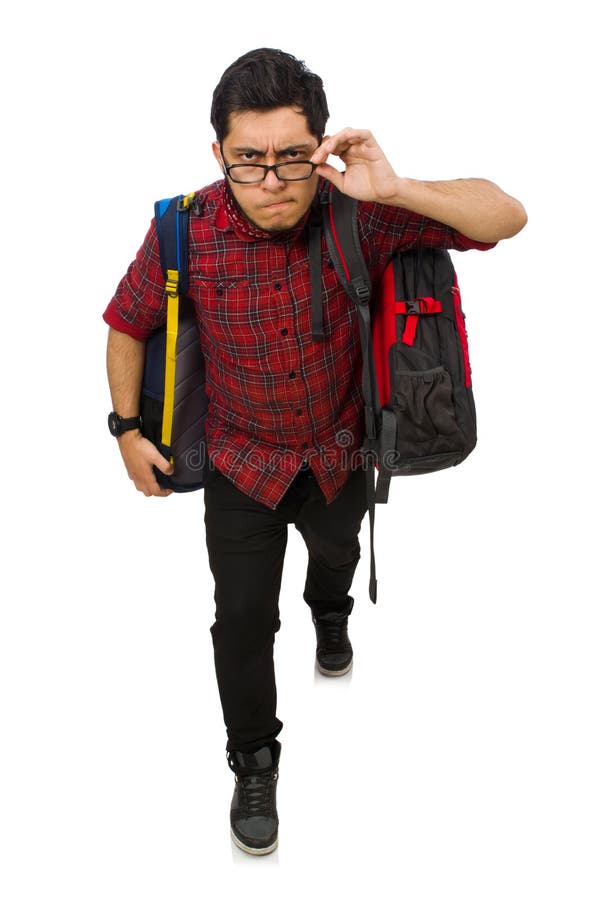 Young Man with Bags Isolated on White Stock Photo - Image of casual ...