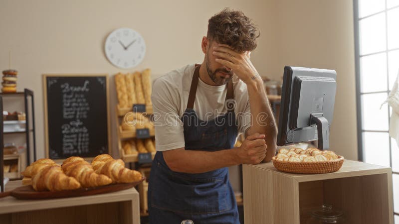 Young Man in a Bakery Looking Stressed in Front of a Computer ...