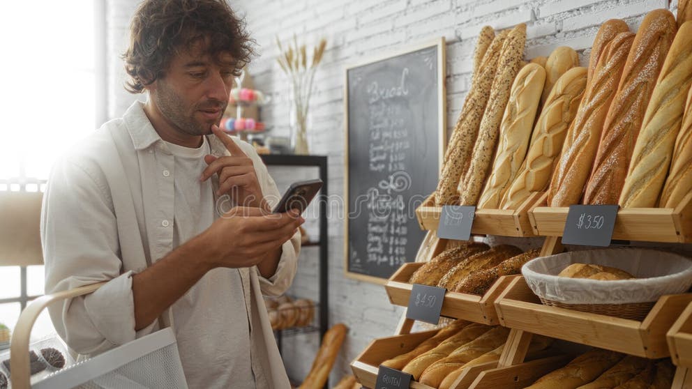 Young Man in a Bakery Shop Using a Mobile Phone while Surrounded by ...