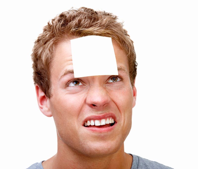 Young Man Balancing White Blank Card on Forehead Stock Photo - Image of ...