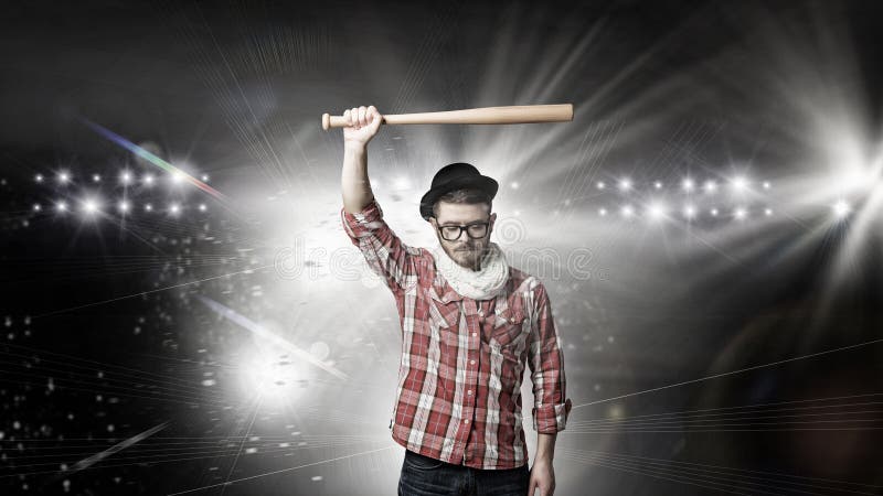 Young Man with Bat . Mixed Media Stock Photo - Image of glasses, shirt ...