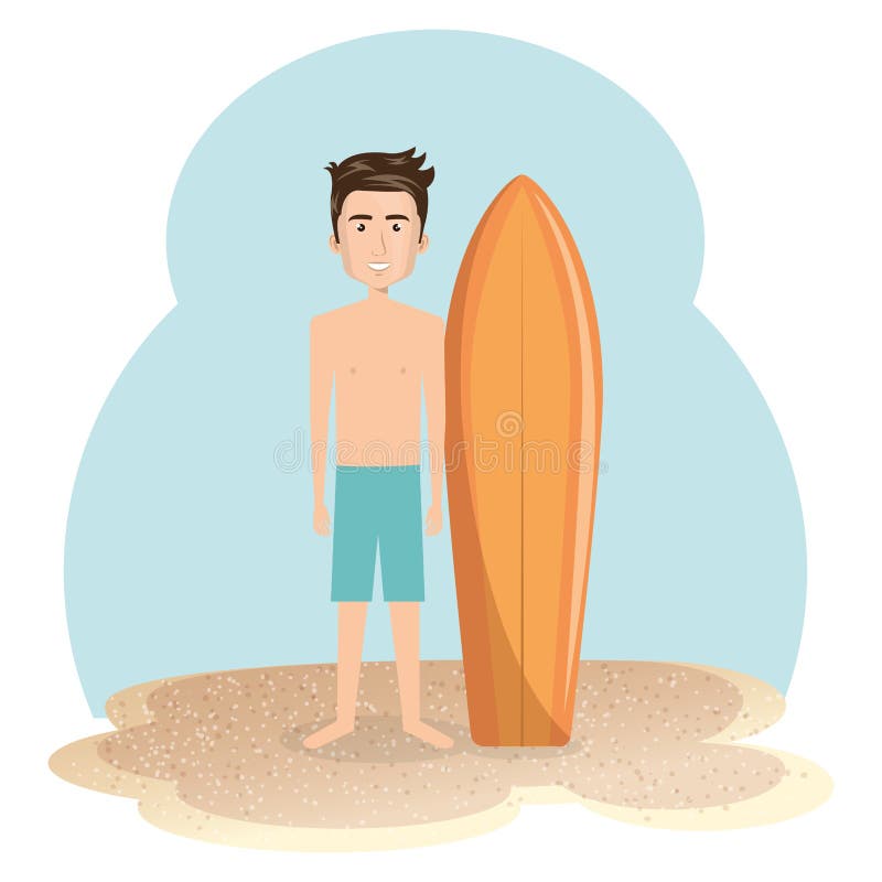 Young Man In The Beach With Surfboard Stock Vector Illustration Of