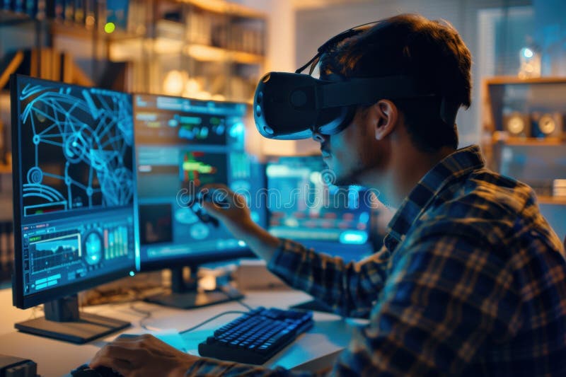 Young Man with Beard Developer Working on VR Project, Computer Screens ...