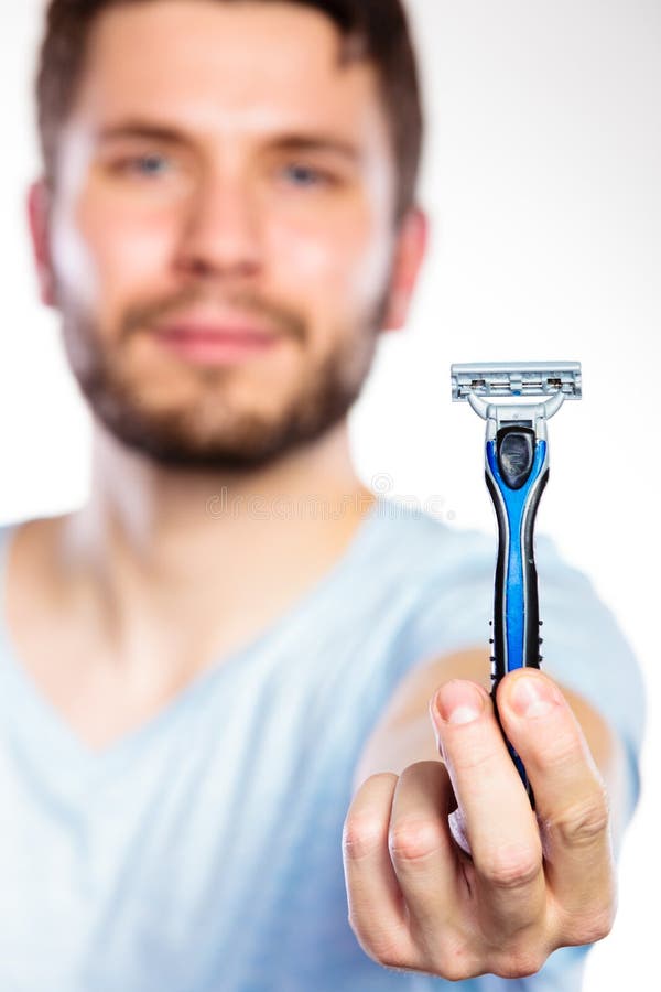 Young Man with Beard Showing Razor Blade Stock Image - Image of double ...