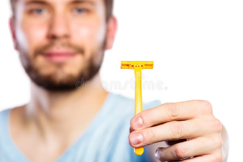 Young Man with Beard Showing Razor Blade Stock Image - Image of morning ...