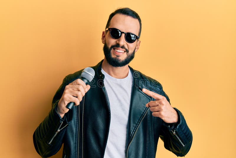 Young Man with Beard Singing Song Using Microphone Smiling Happy ...