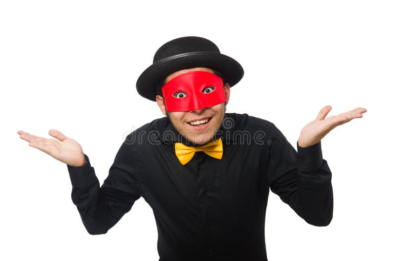 Young Man in Black Costume and Red Mask Isolated Stock Photo - Image of ...