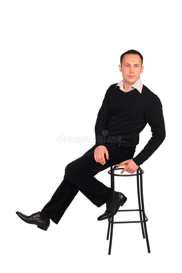 Young Man in Black Sits on Stool Stock Image - Image of collar ...