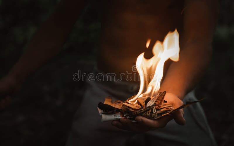 Young Man with a Burning Match in the Dark Fire Stock Image - Image of ...