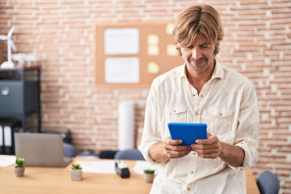 Young Man Business Worker Using Touchpad at Office Stock Image - Image ...