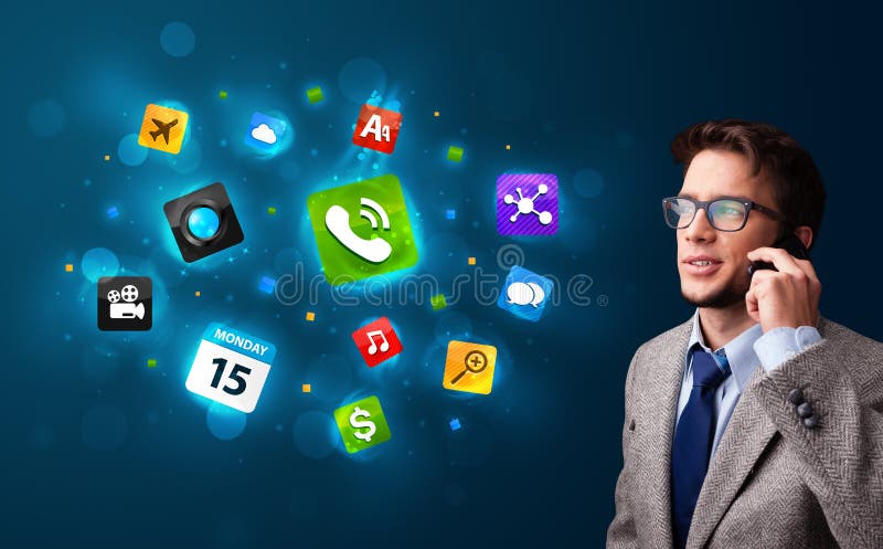 Young Man Calling by Phone with Various Icons Stock Photo - Image of ...