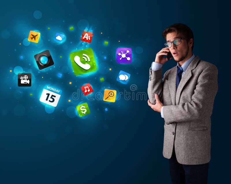Young Man Calling by Phone with Various Icons Stock Photo - Image of ...