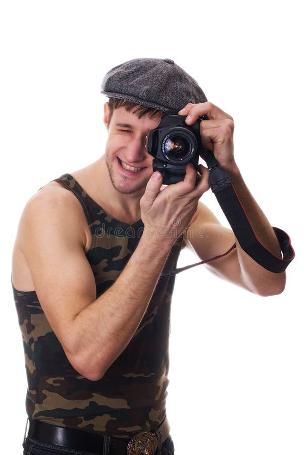 Young man with a camera stock image. Image of glass, camouflage - 12526177