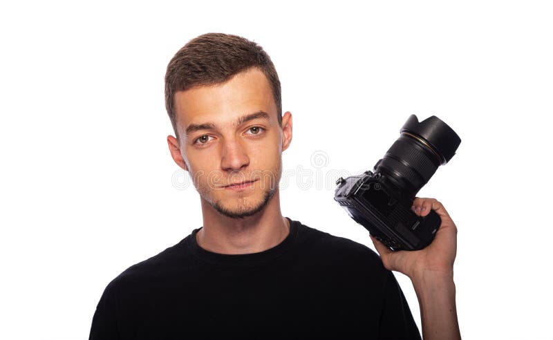 Young Man with a Camera on a White Background. Stock Image - Image of ...