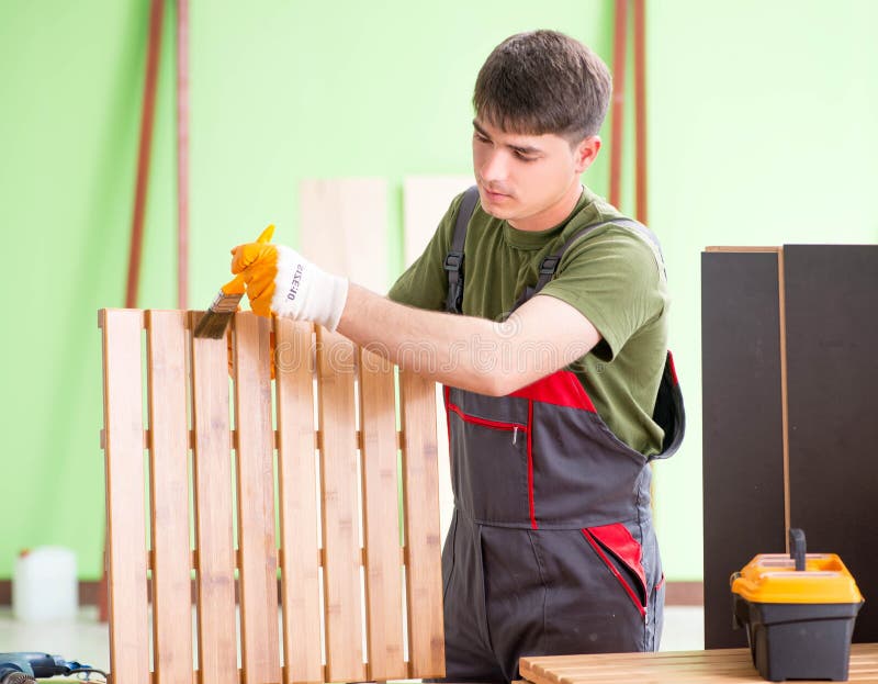 Young Man Carpenter Working in Workshop Stock Image - Image of house ...