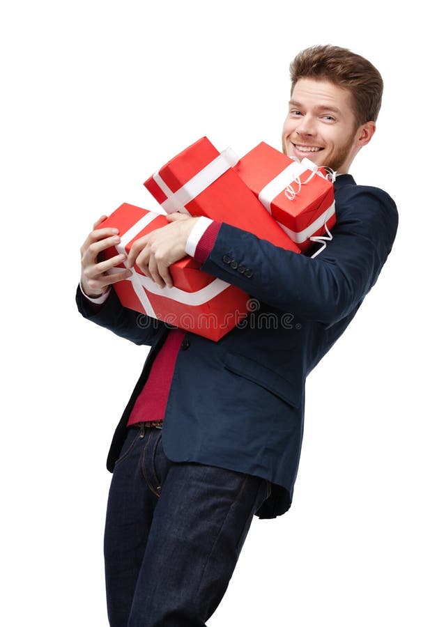 Young Man Carries a Lot of Heavy Presents Stock Photo - Image of ...