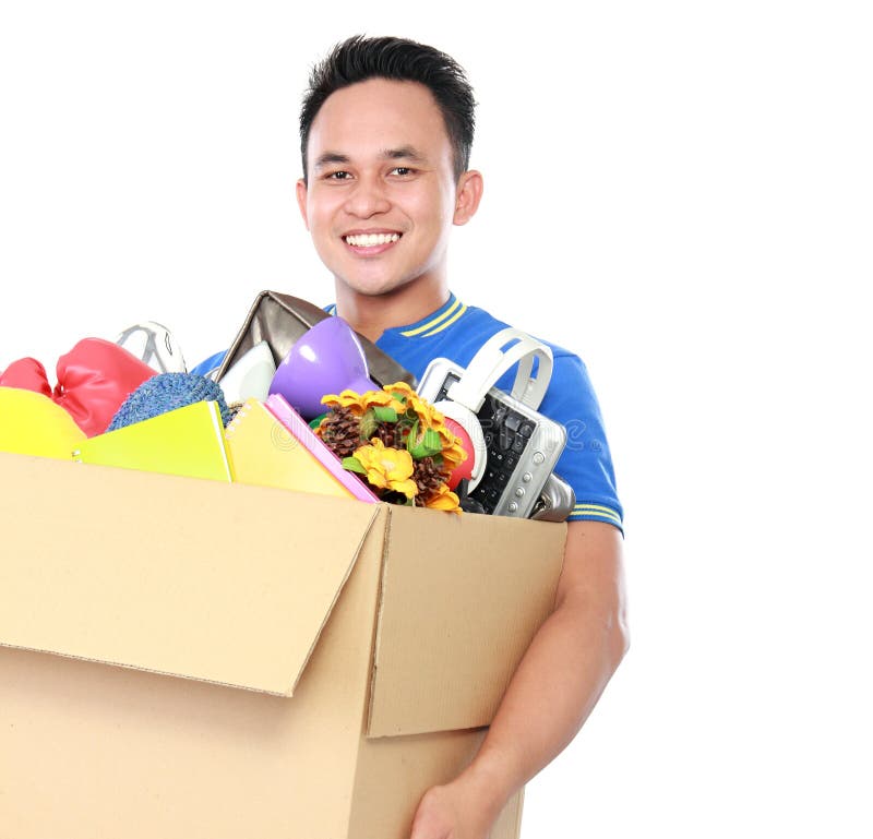 Happy Young Man Carrying Box Full Stuff Stock Photos - Free & Royalty ...