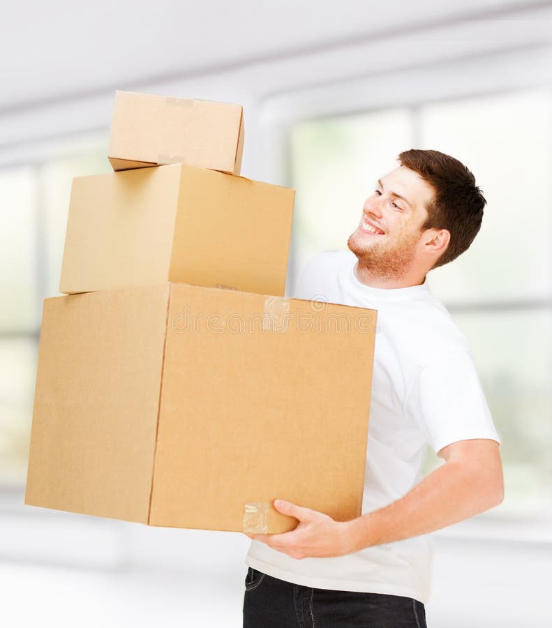 Young Man Carrying Carton Boxes Stock Image - Image of order, container ...