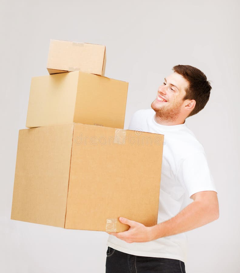 Young Man Carrying Carton Boxes Stock Image - Image of order, container ...