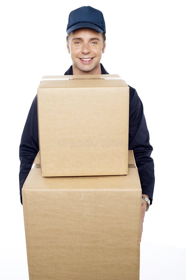 Young Man Carrying Huge Cardboard Boxes Stock Photo - Image of delivery ...