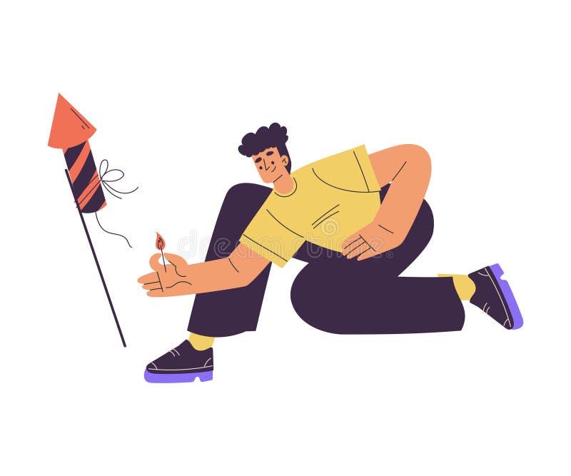 Young Man Character Setting Off Firework Vector Illustration Stock ...