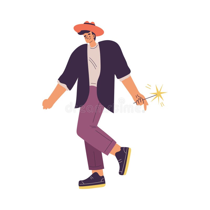 Young Man Character Setting Off Firework Vector Illustration Stock ...