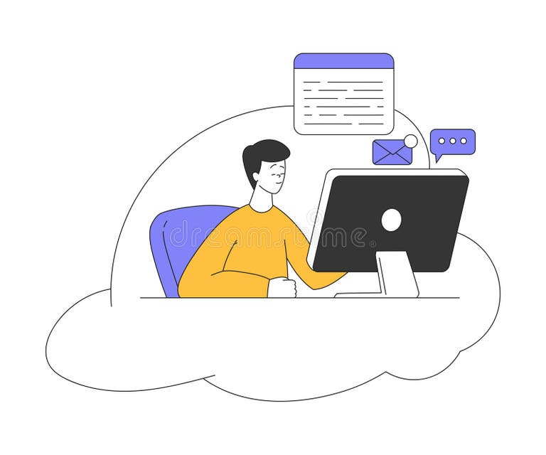 Young Man Character Working at Computer Sitting on Cloud in the Sky Vector Illustration Stock ...