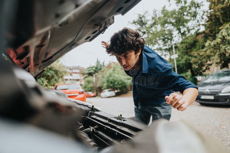Young Man Checking Car Engine with Determination in Outdoor Setting ...