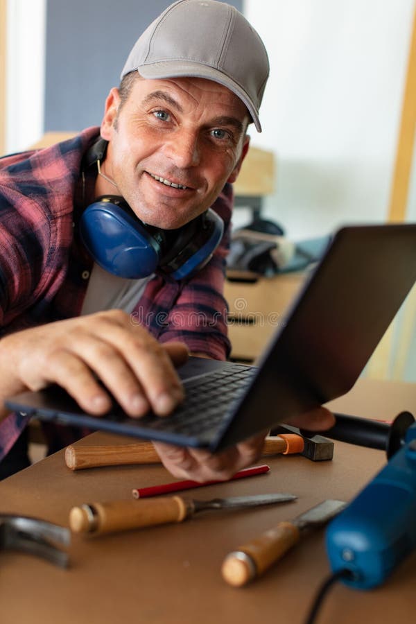 Young Man Checking Mail with Clients Ordering on Laptop Computer Stock ...