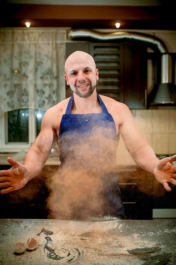A Young Man Chefs Throw Flour Stock Photo - Image of handsome ...