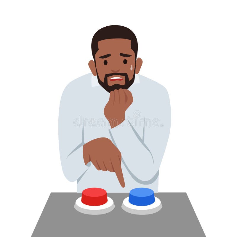 Young Man Choosing Button To Push. Concept of Difficult Choice between ...