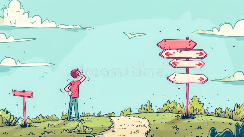 Young Man Choosing the Right Path between Multiple Directions Stock ...