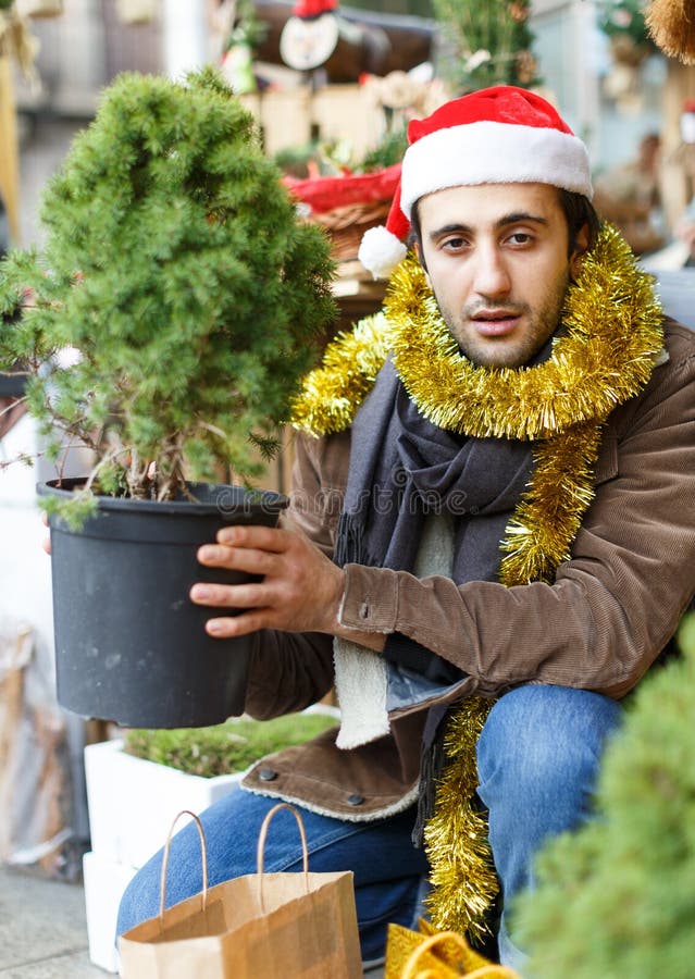 Young Man Choosing Small Christmas Tree at Christmas Market Stock Photo ...