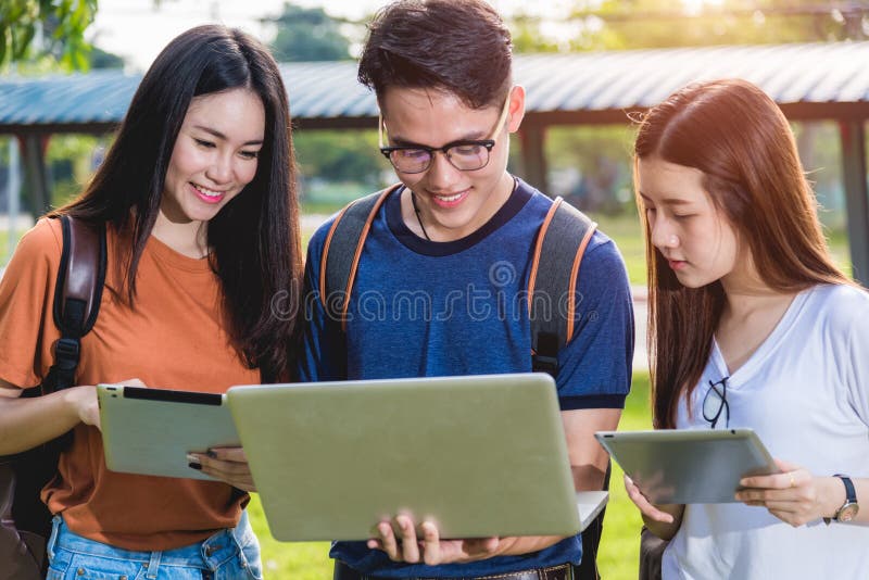 Young Man and Classmates, Student Hold Laptop Stock Image - Image of ...