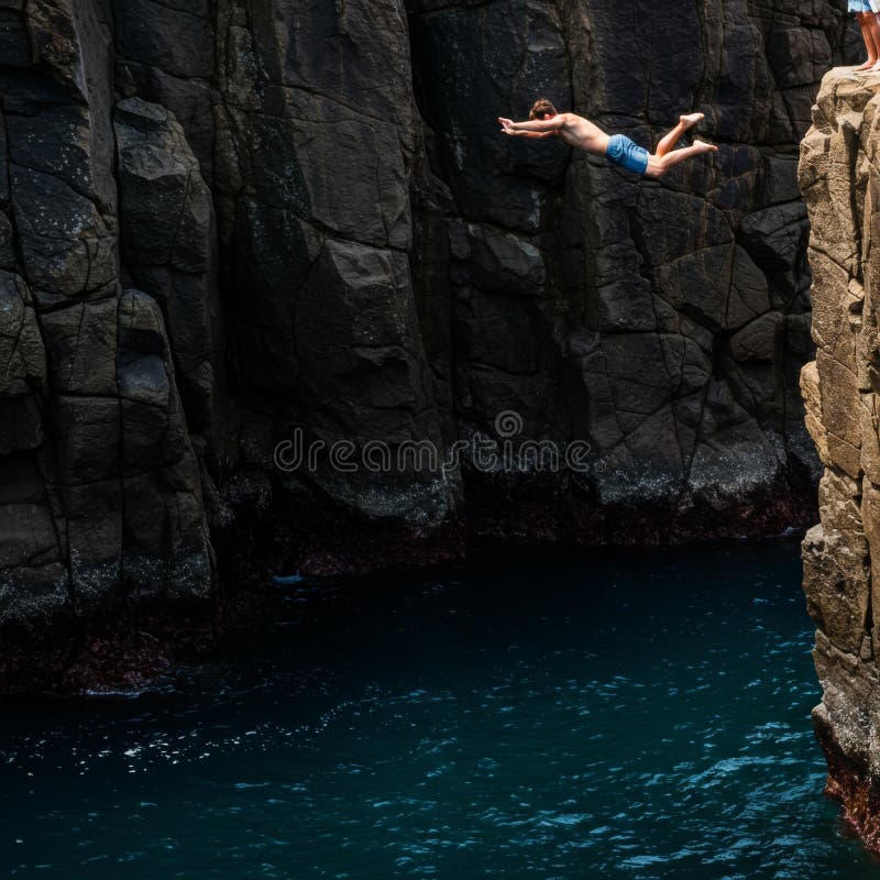 Young Man Cliff Diving into Dark Teal Ocean Stock Illustration ...