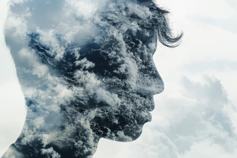 Young Man Combining with Ocean and Clouds in Double Exposure Portrait ...