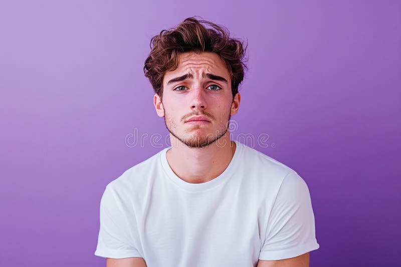 Young Man with Concerned Expression Against Purple Background Capturing ...