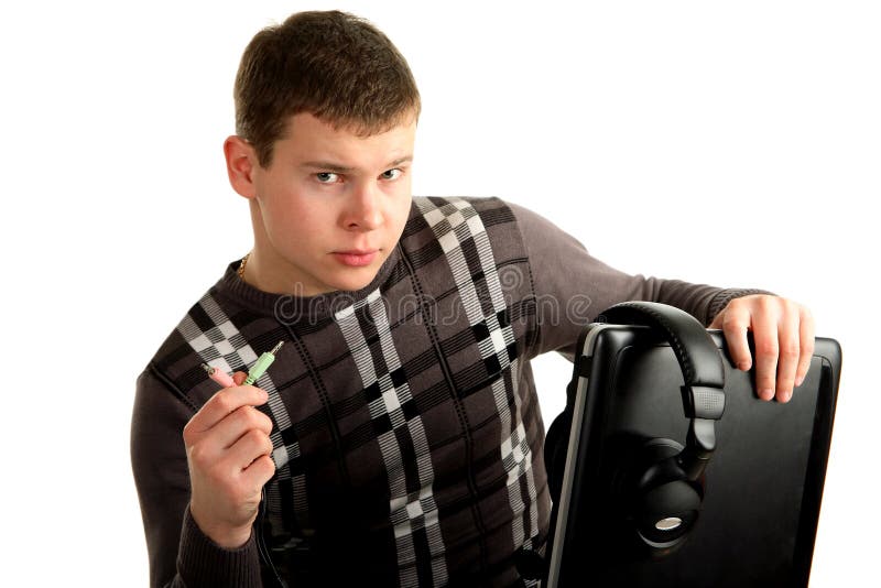 Young Man Connects the Power Cord Stock Photo - Image of cable, face ...