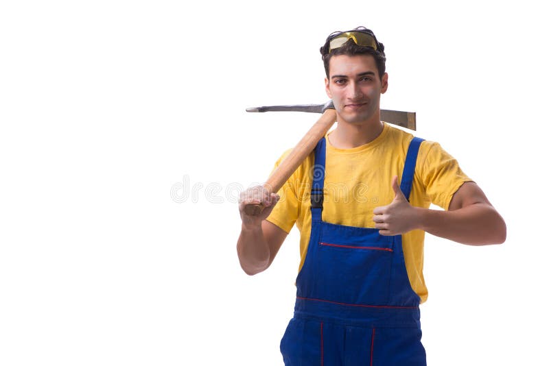 The Young Man Contractor with Axe Isolated on White Stock Image - Image ...