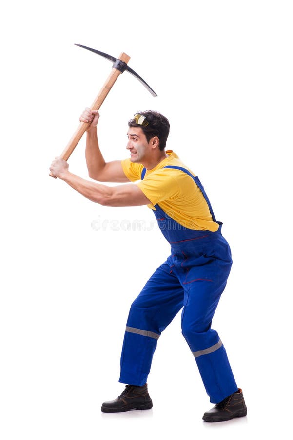 The Young Man Contractor with Axe Isolated on White Stock Photo - Image ...