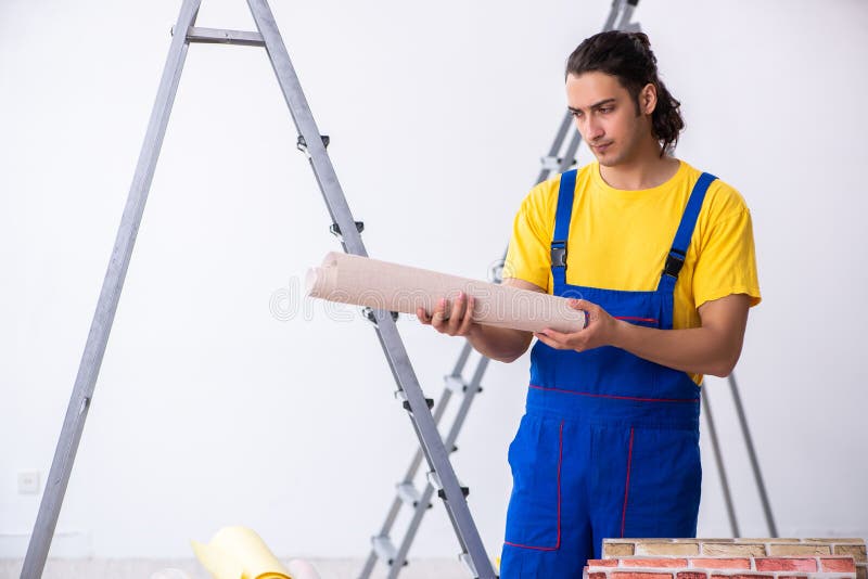 Young Man Contractor Doing Renovation at Home Stock Image - Image of ...