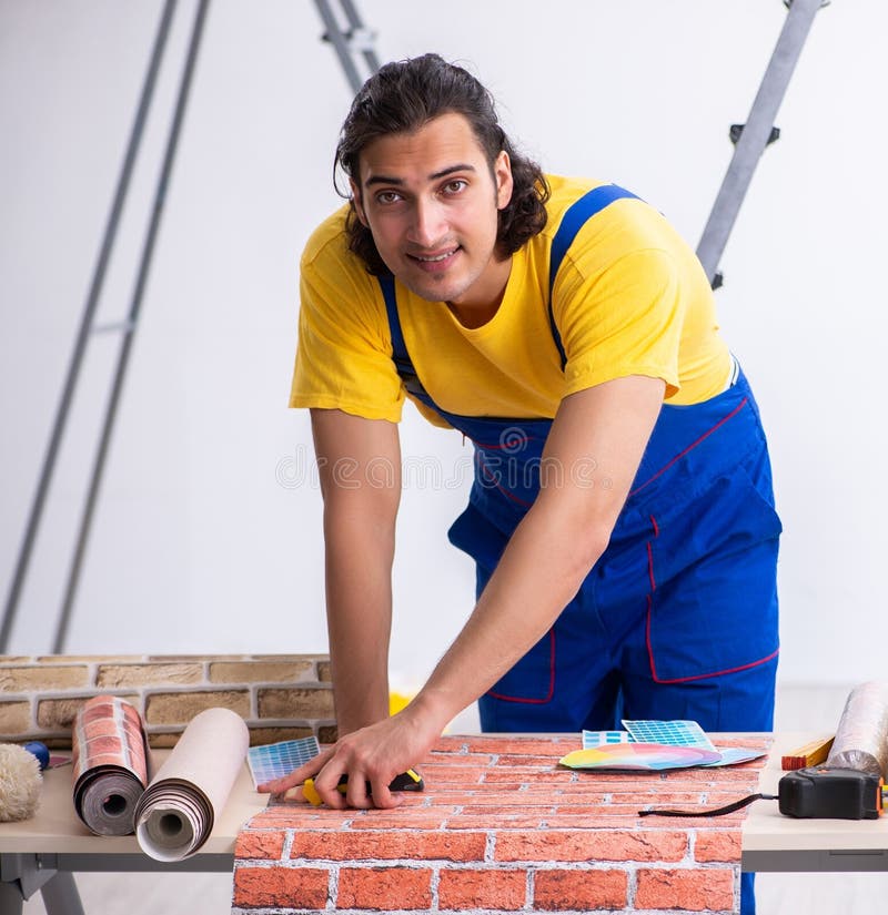 Young Man Contractor Doing Renovation at Home Stock Photo - Image of ...
