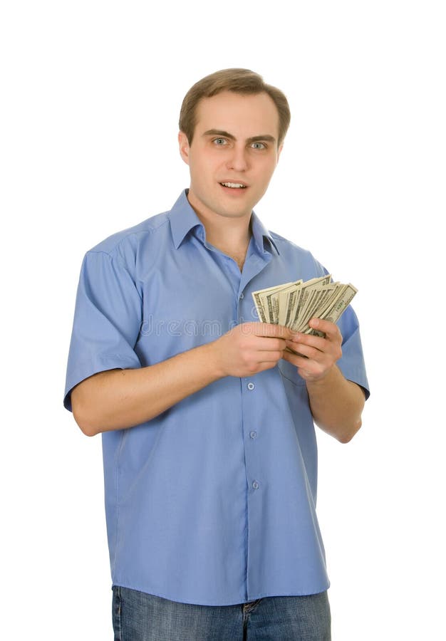 Young Man Counting Money. Isolated on White. Stock Photo - Image of ...