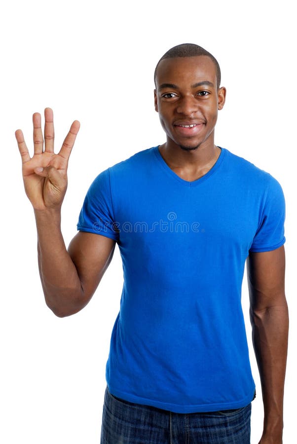 Young man counting to four stock photo. Image of hands - 10469404