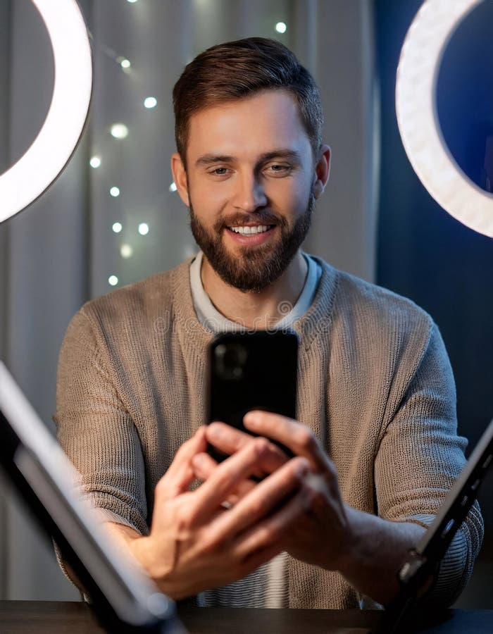Young Man Creating Social Media Content with Smartphone and Ring Light in Modern Home Studio ...