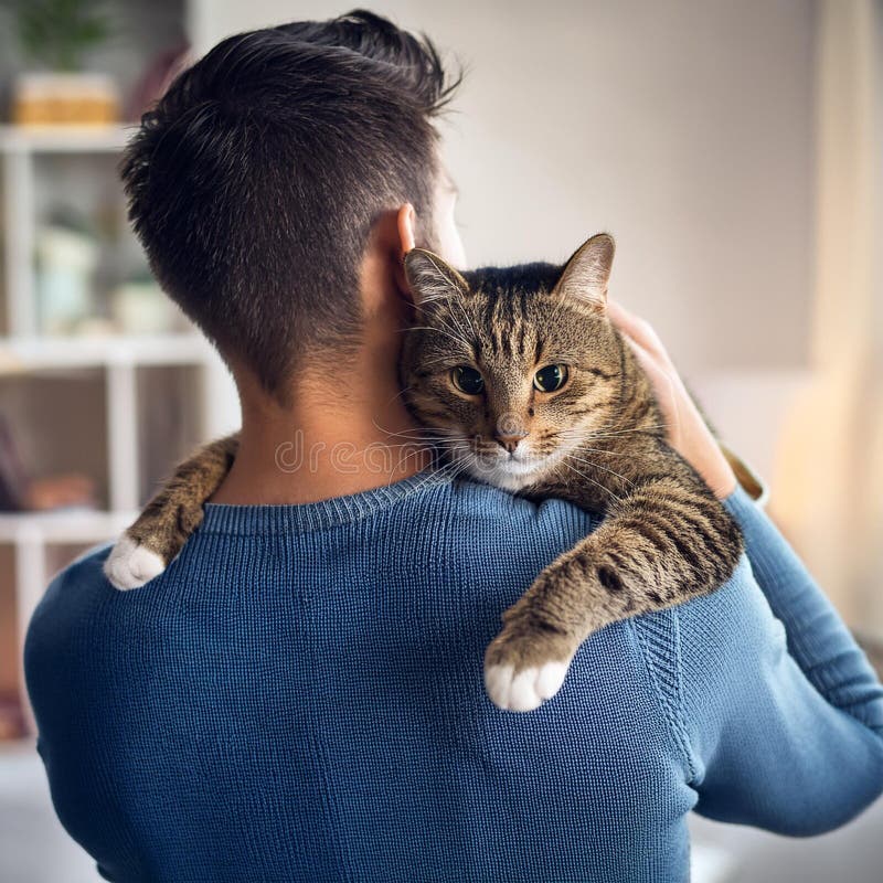 Young Man Cuddling a Cat, AI Generated Stock Illustration ...
